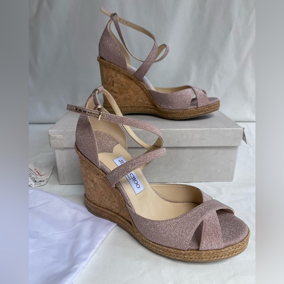 Jimmy Choo | Shoes | New Jimmy Choo Womens Pink Glitter Cork Wedge Sandal 4 Eu 1 Us 575 | Poshmark
